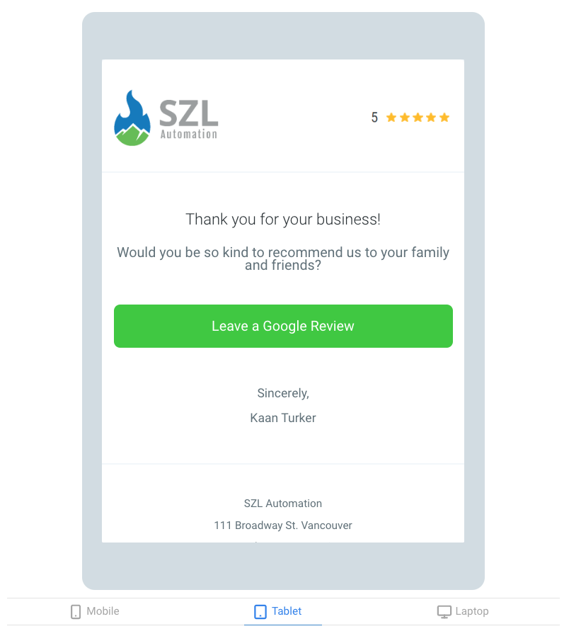 What does the review request SMS and Email look like? | SZL Automation